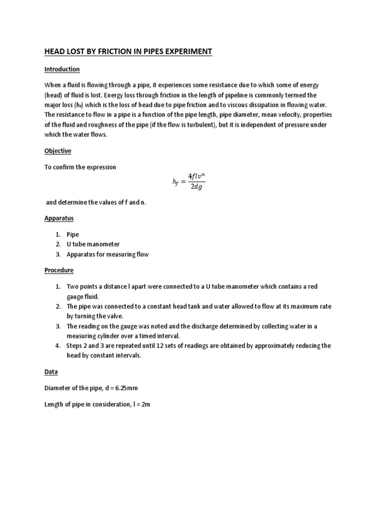 Head Loss Due to Pipe Friction Experiment | PDF | Fluid Dynamics ...