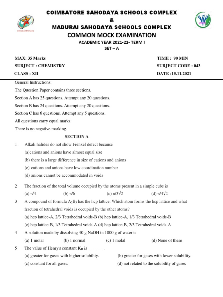 Xii Chemistry QP Set A | PDF | Solution | Osmosis