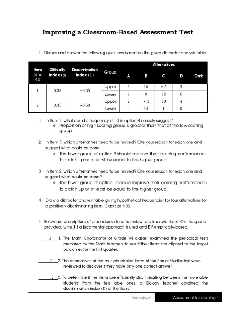 9 - Improving A Classroom-Based Assessment Test - Worksheet | PDF ...