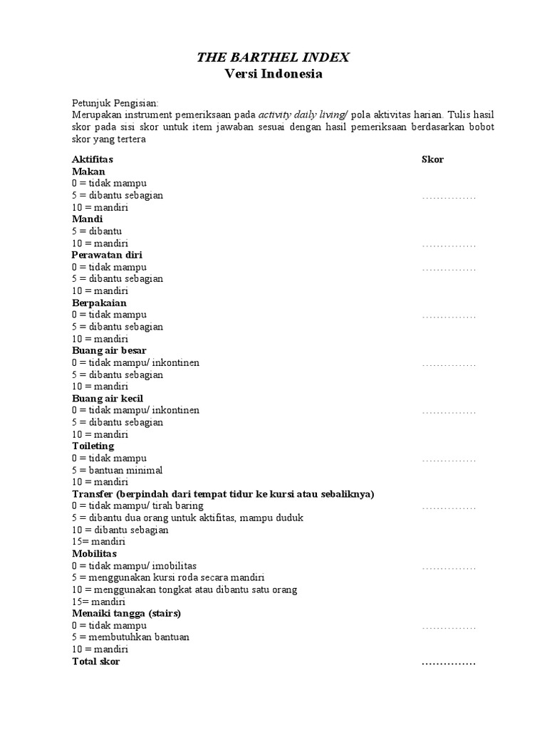 Skala Barthel Index untuk ADL | PDF | Pengembangan Diri | Kesehatan ...