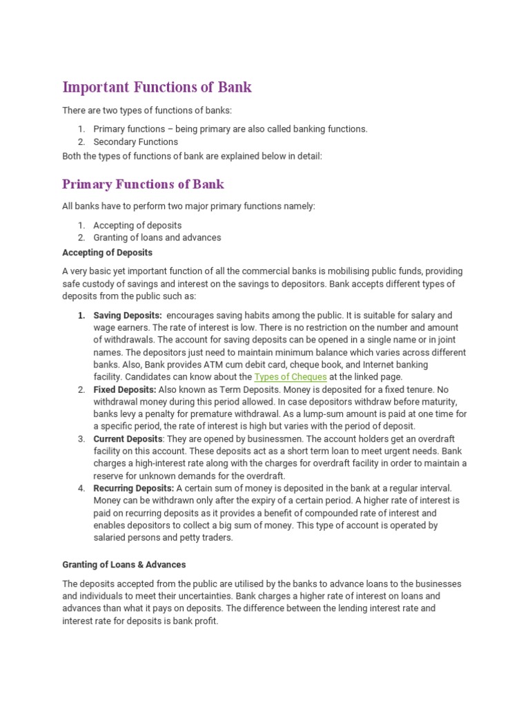 Primary Functions of Bank | PDF