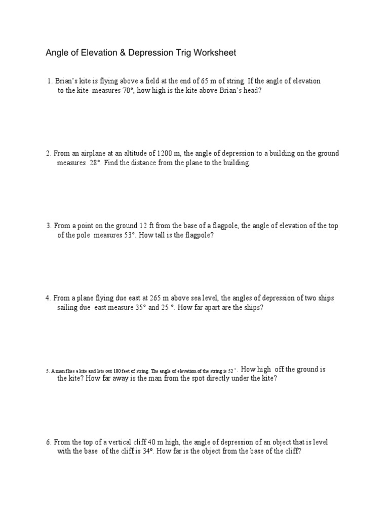 Angle of Elevation & Depression Trig Worksheet | PDF | Triangle | Angle