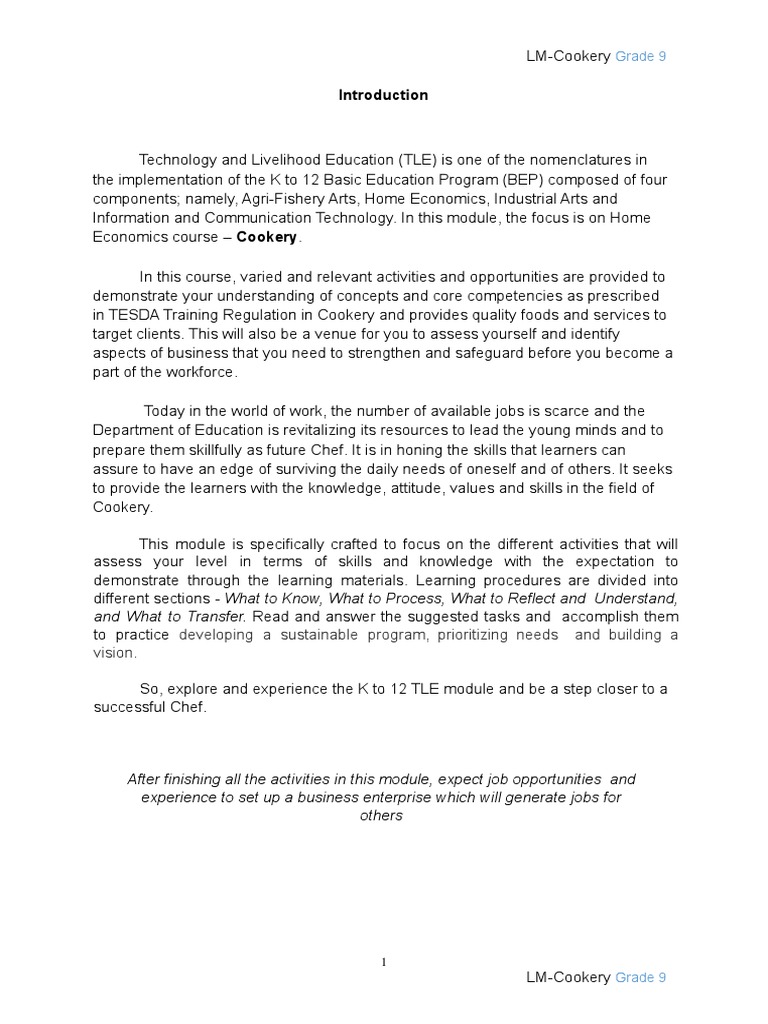Grade 9 Cookery Learning Module | PDF | Entrepreneurship | Foods