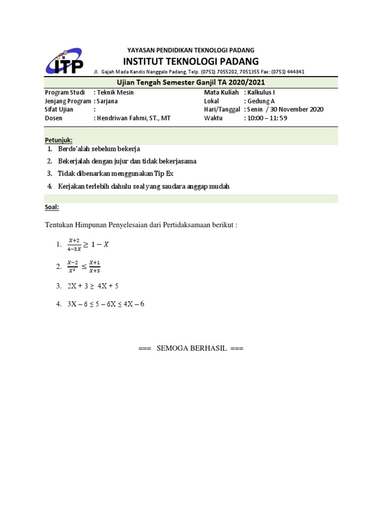 Soal UTS Kalkulus 1 20201 | PDF