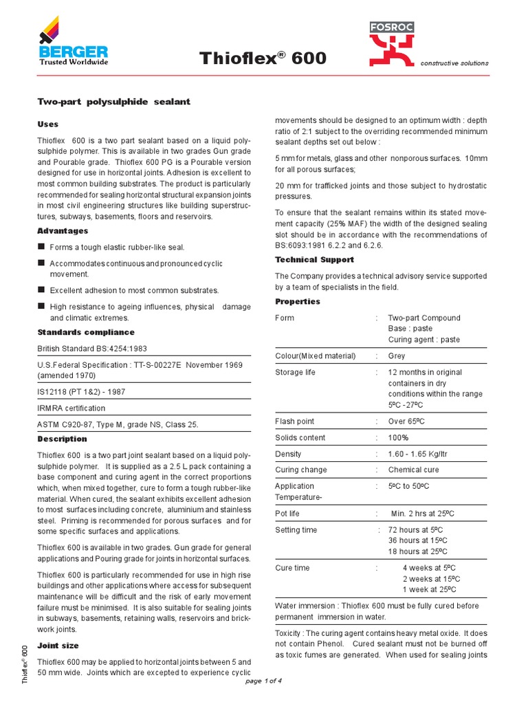 Thioflex 600: Two-Part Polysulphide Sealant | PDF | Water | Liquids