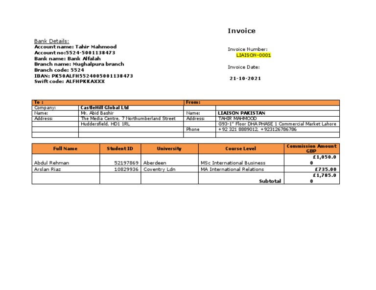 Invoice - Liaison Pakistan | PDF