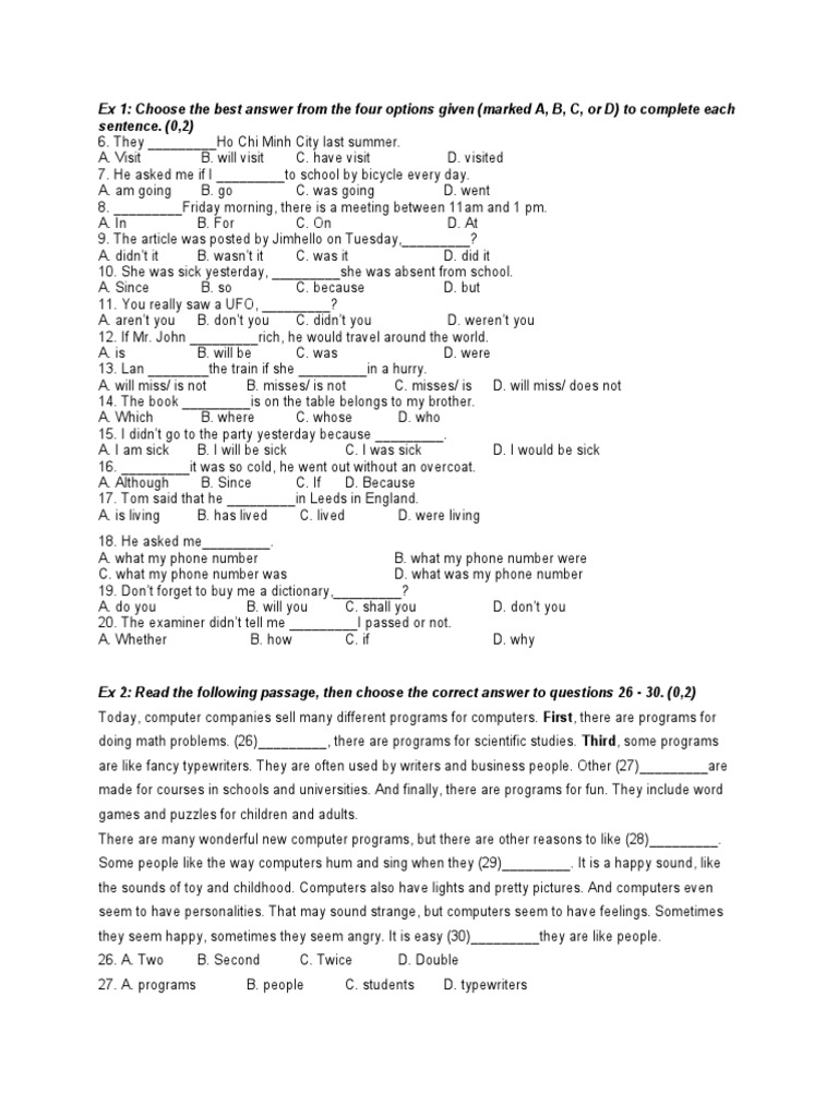 Ex 1: Choose The Best Answer From The Four Options Given (Marked A, B ...