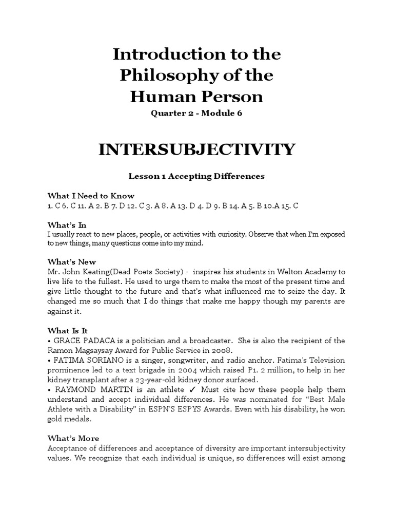 Introduction To The Philosophy of The Human Person Intersubjectivity | PDF | Disability