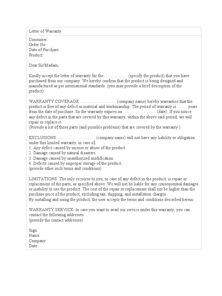 Letter of Warranty | PDF