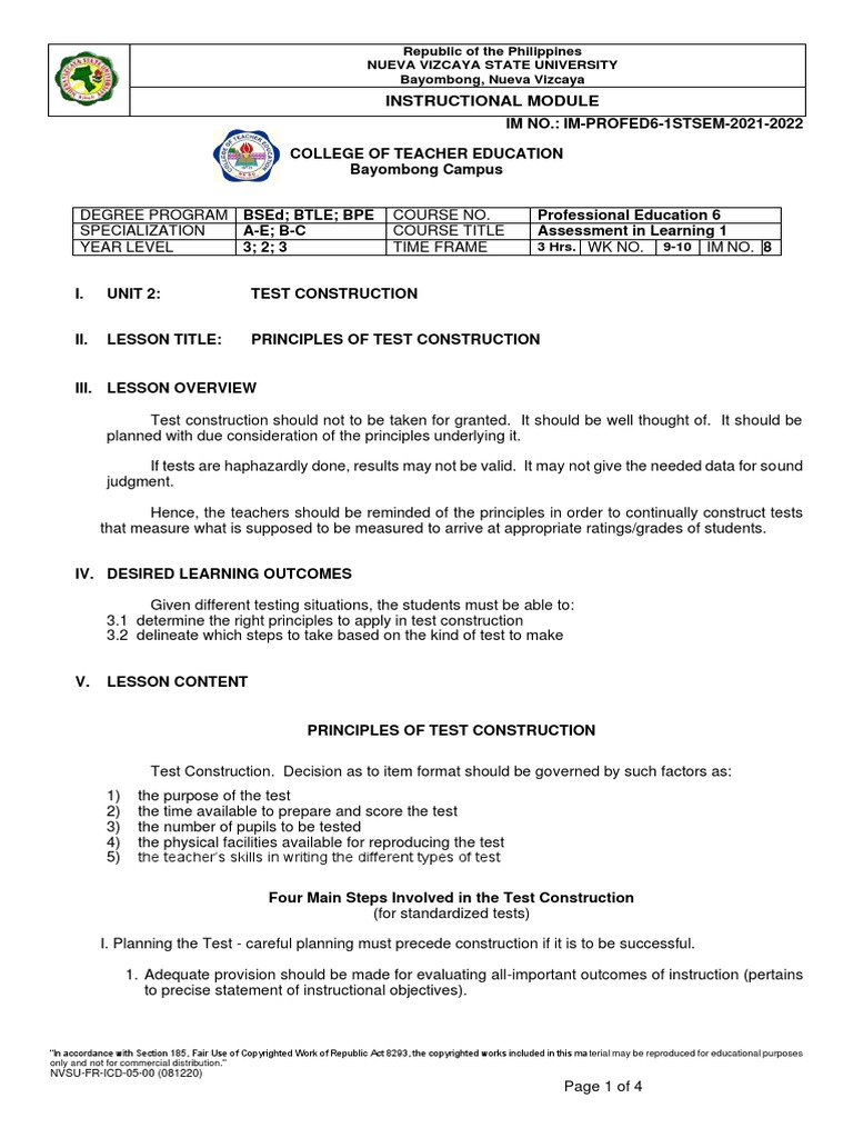 AL1-Module8-Principles of Test Construction | PDF | Test (Assessment ...