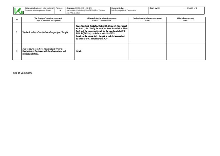 4702 - Comment Management Sheet (CMS) 43+770 P29 R2 | PDF