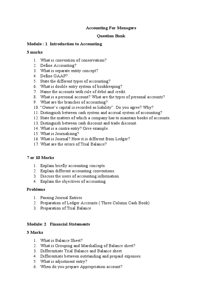 Accounting for Managers: Question Bank | PDF | Bookkeeping | Business