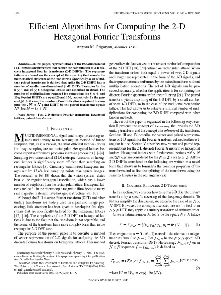 Efficient Algorithms For Computing The 2 D Hexagonal Fourier Transforms Pdf Discrete Fourier