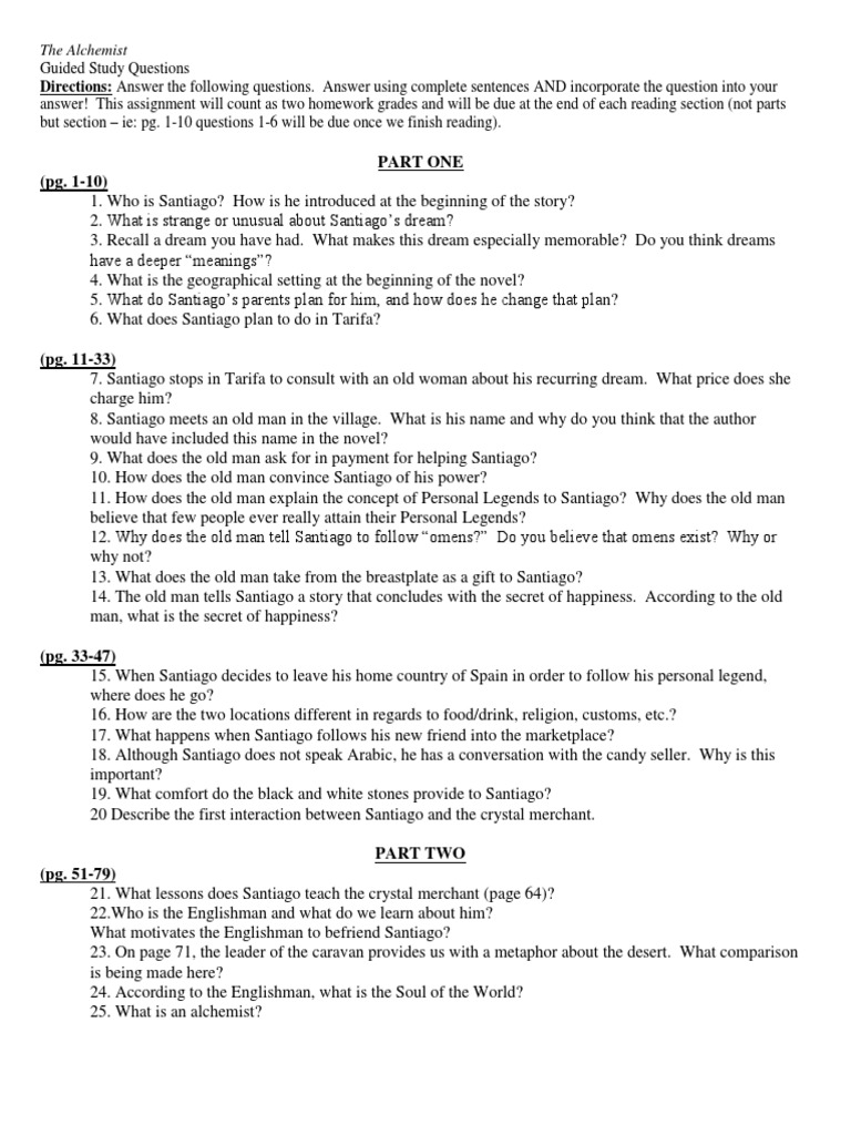 The Alchemist Study Guide Questions | PDF | Young Adult | General Fiction
