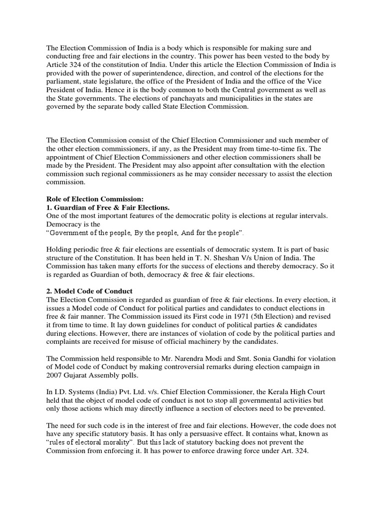 Role and Functions of Election Commission | PDF | Government | Justice