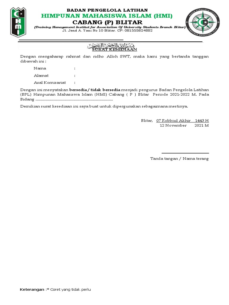 Surat Ketersediaan Pengurus BPL | PDF