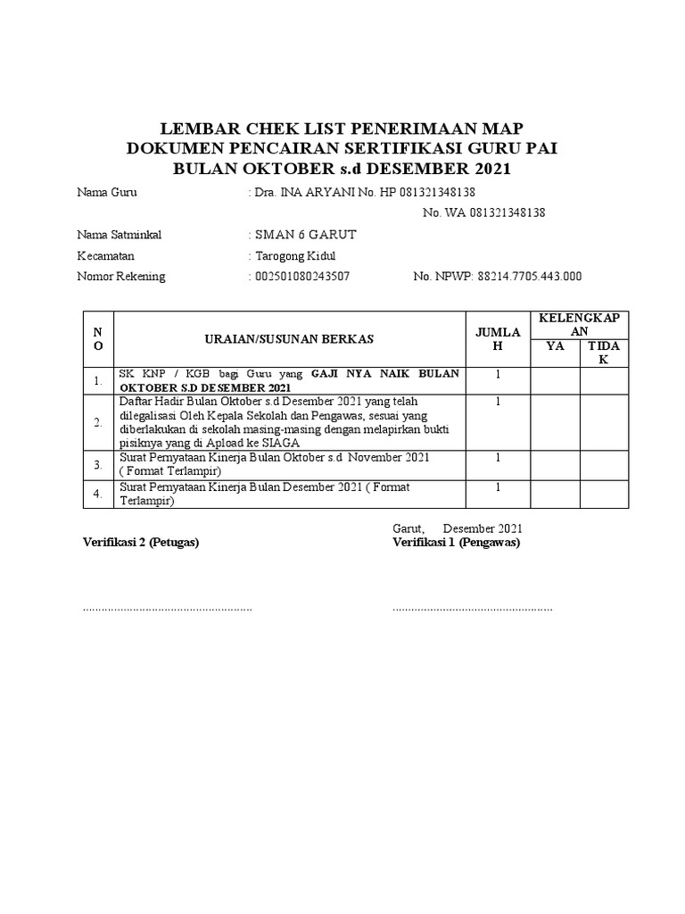 Checklist Penerimaan Sertifikasi Guru PAI | PDF