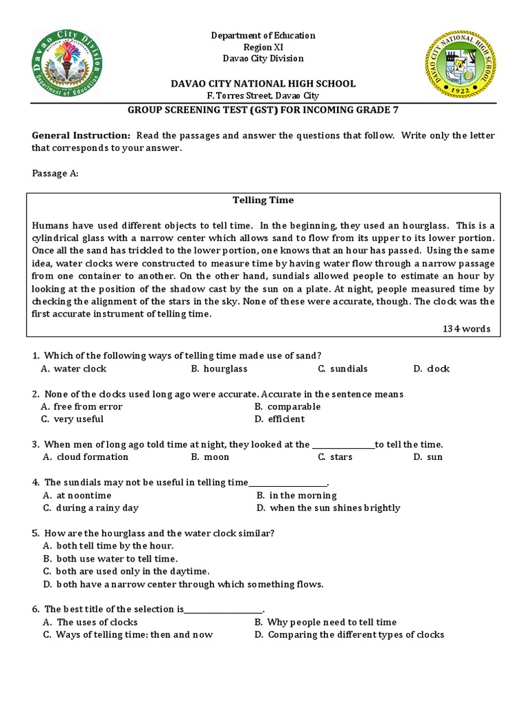 Group Screening Test GST | Download Free PDF | Hour | Human Nose