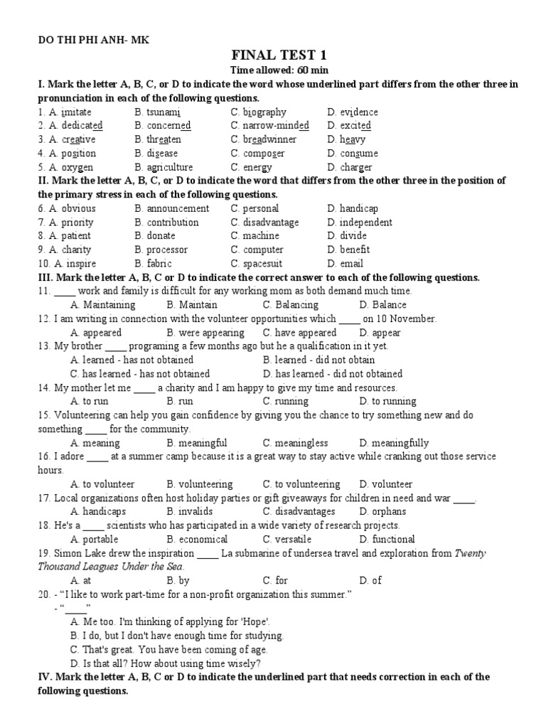 Final Test 1 Grade 10 | PDF | Cloning
