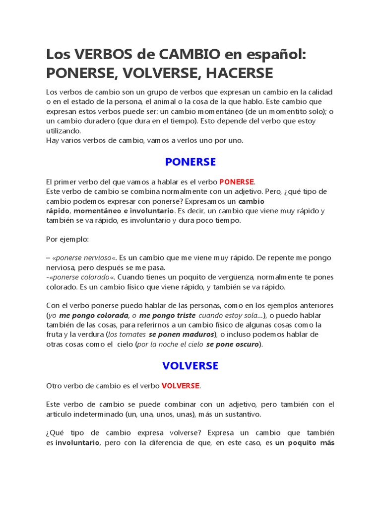 Los VERBOS de CAMBIO en Español | PDF | Adjetivo | Verbo