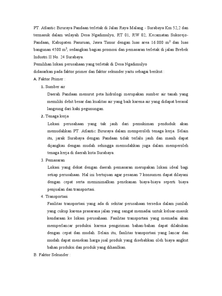 Lokasi dan Tata Letak PT. Atlantic Biruraya | PDF