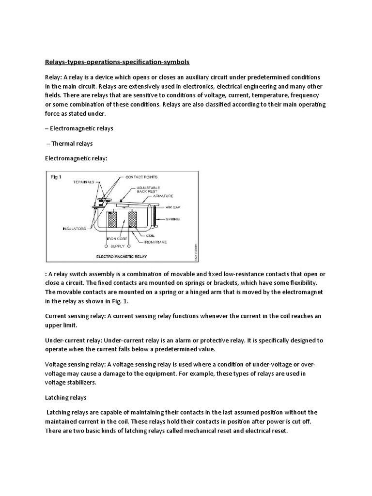 Relays Types Operations Specification Symbols | PDF | Relay | Switch