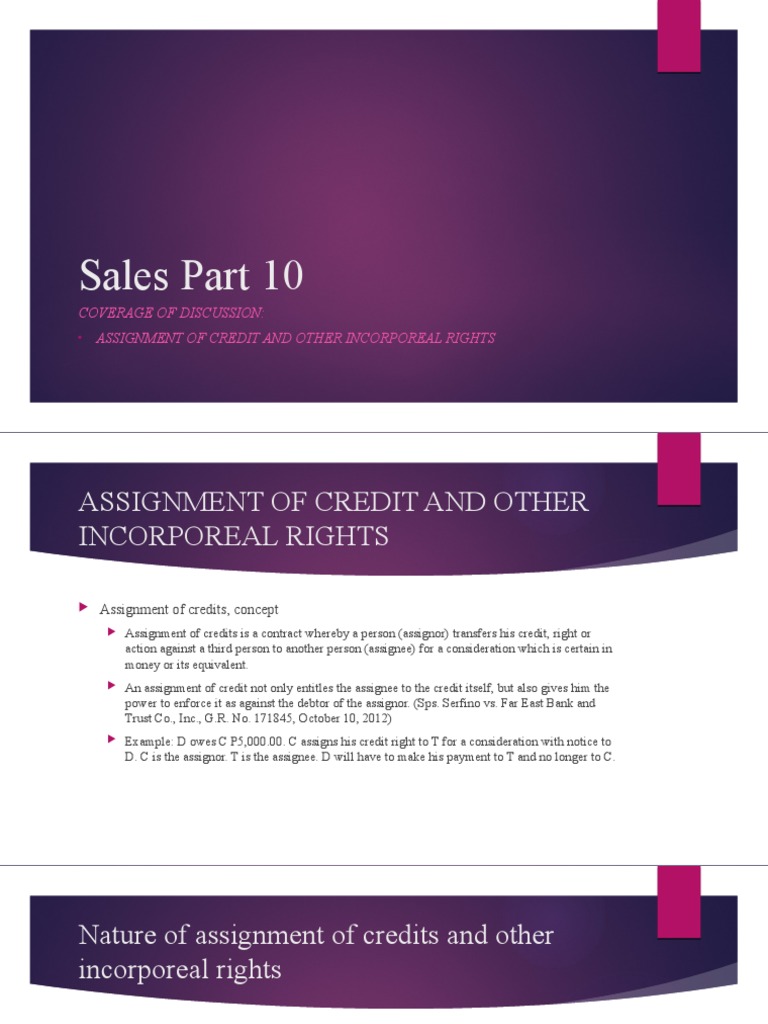 Sales Part 10: Coverage of Discussion: Assignment of Credit and Other ...