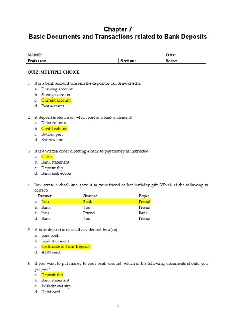 Quizzes - Chapter 7 - Basic Documents and Transactions Related To Bank ...