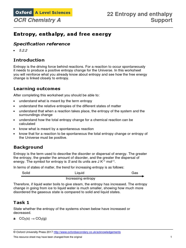 OCR Chemistry A: 22 Entropy and Enthalpy Support | PDF | Enthalpy ...
