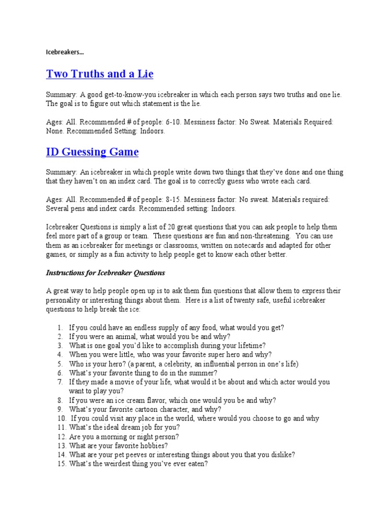 Two Truths and A Lie: Icebreakers | PDF