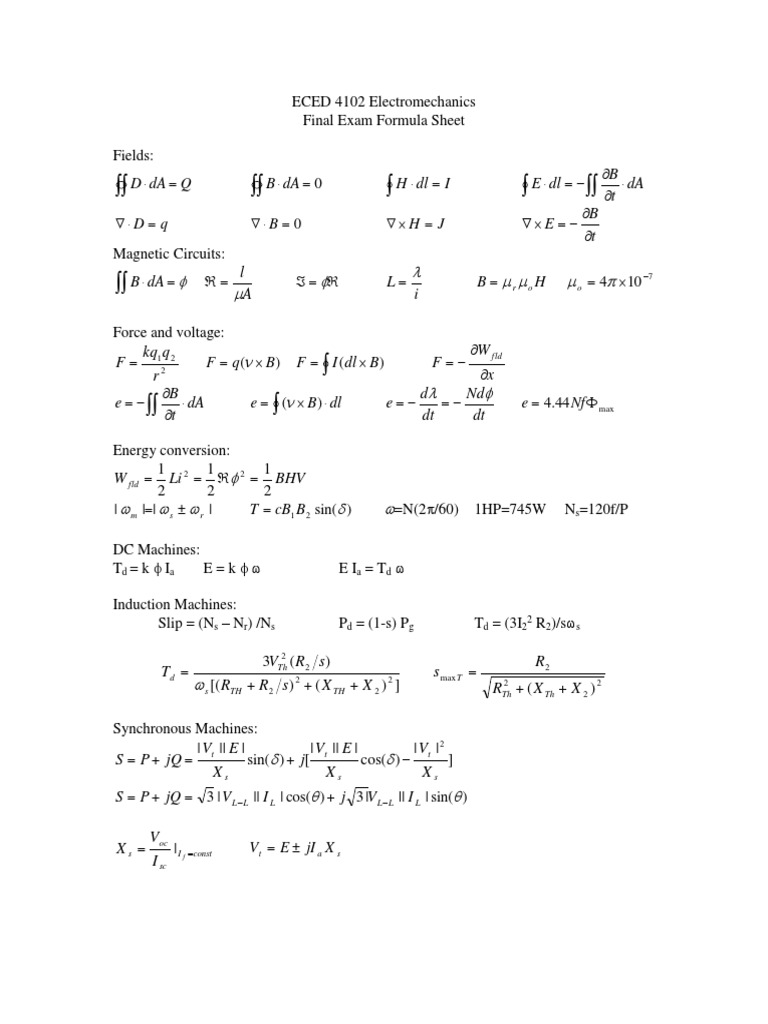 Formula Sheet 4102 | PDF | Electric Power | Electrodynamics