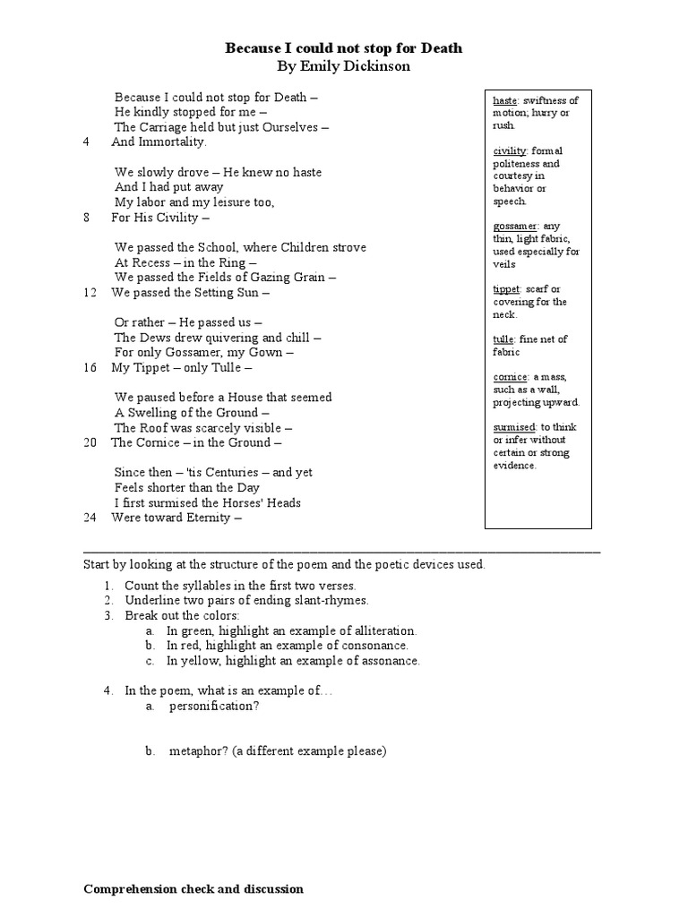 Because I Could Not Stop For Death Emily D. | PDF | Poetry