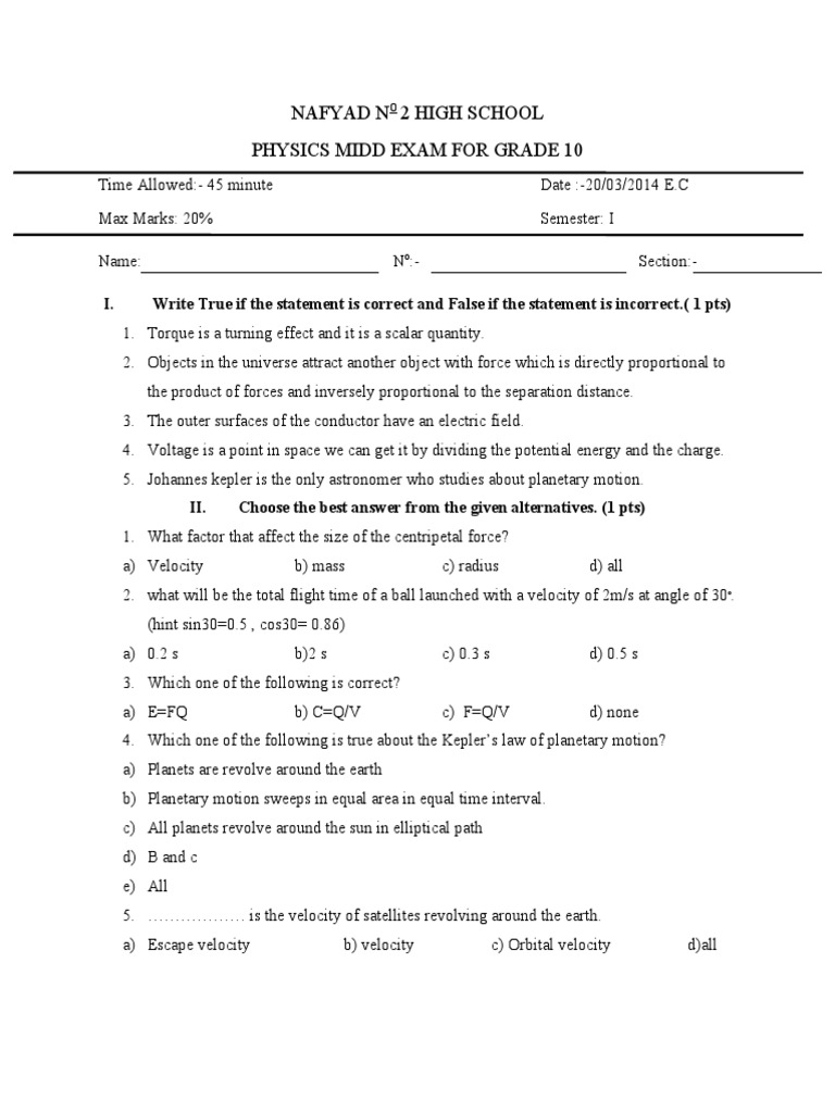 Nafyad N 2 High School Physics Midd Exam For Grade 10 | PDF | Orbit ...