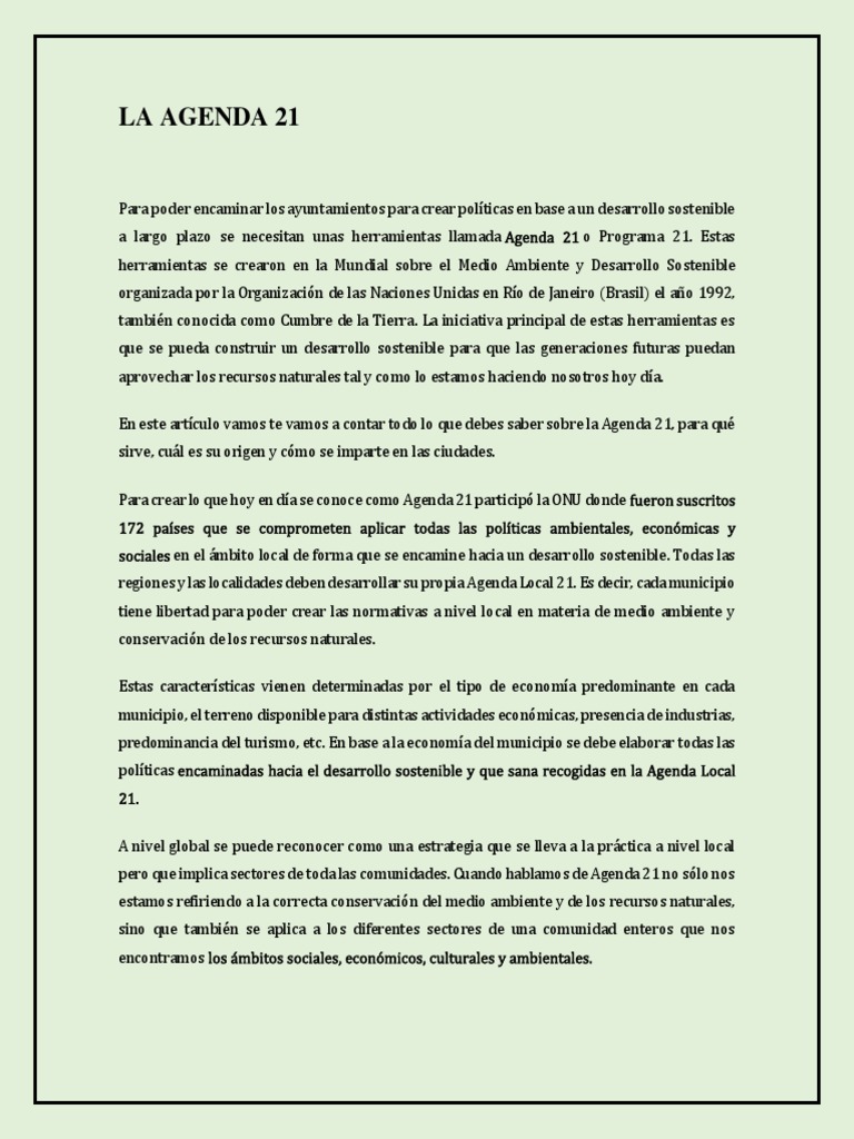La Agenda 21 | PDF | Desarrollo sostenible | Sustentabilidad