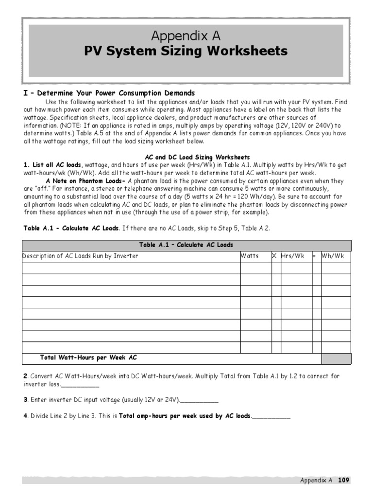 PV System Sizing Worksheets: Appendix A | PDF | Home Appliance | Solar ...