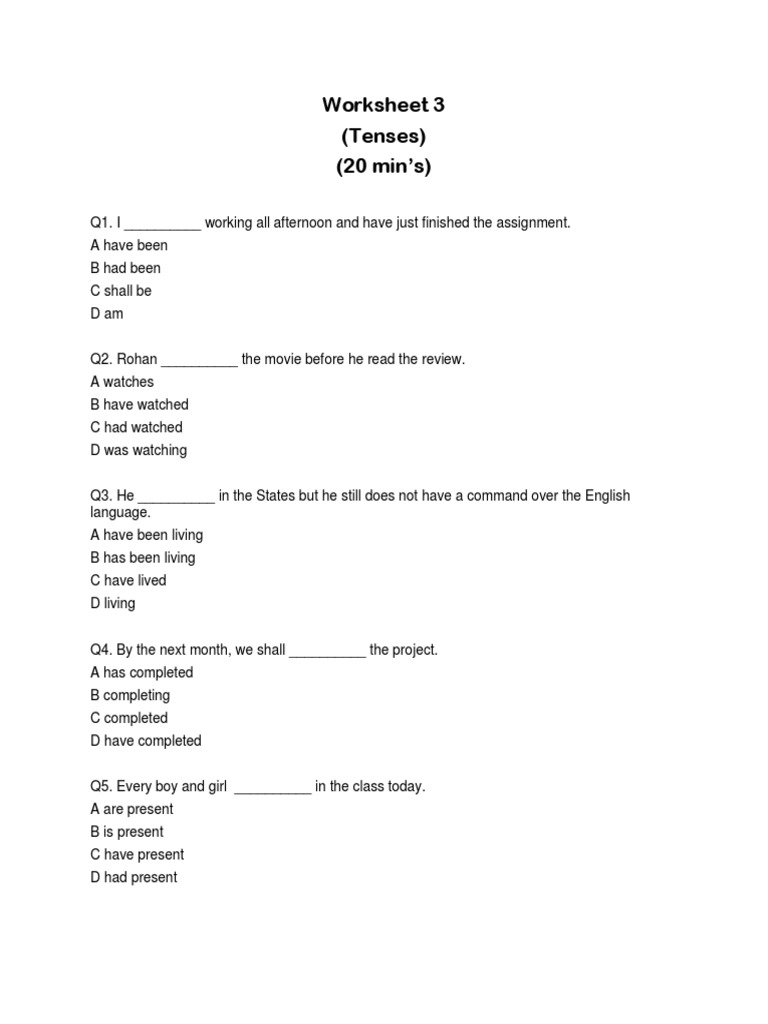 Mastering Tenses: A Comprehensive Worksheet on Verb Tenses | PDF ...