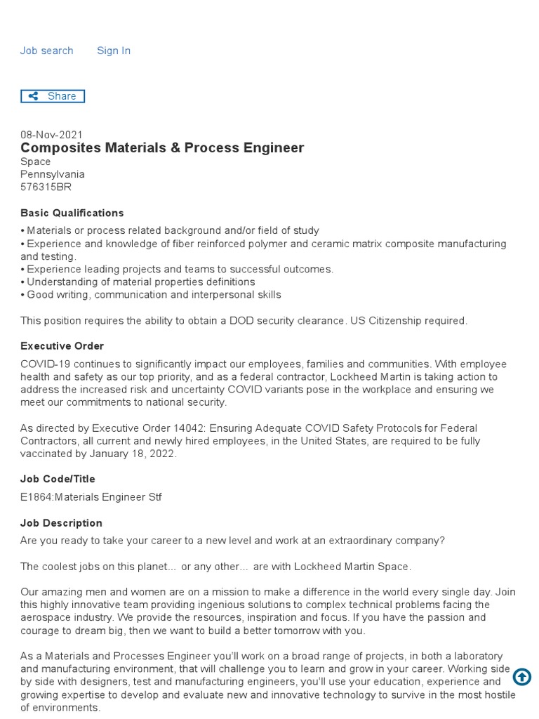 Composites Materials & Process Engineer - Lockheed Martin | PDF ...
