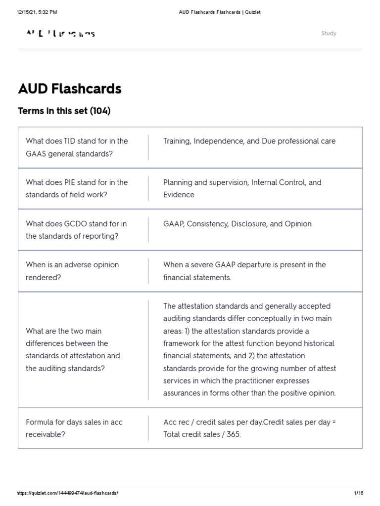 AUD Flashcards Flashcards - Quizlet | PDF | Financial Audit | Audit