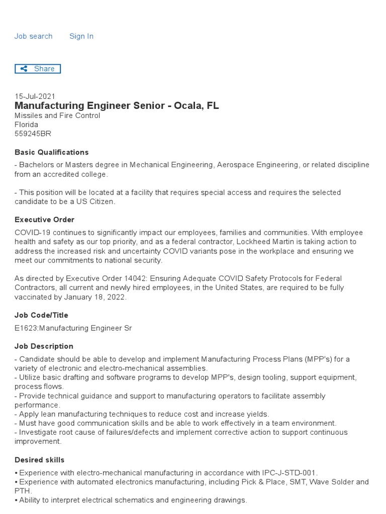 Manufacturing Engineer Senior - Ocala, FL - Lockheed Martin | PDF ...