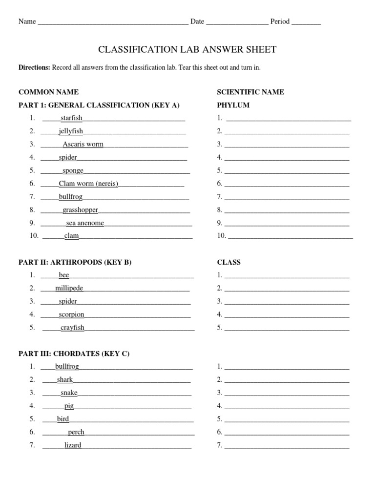 Classification Lab Answer Sheet: Common Name Scientific Name Part 1 ...