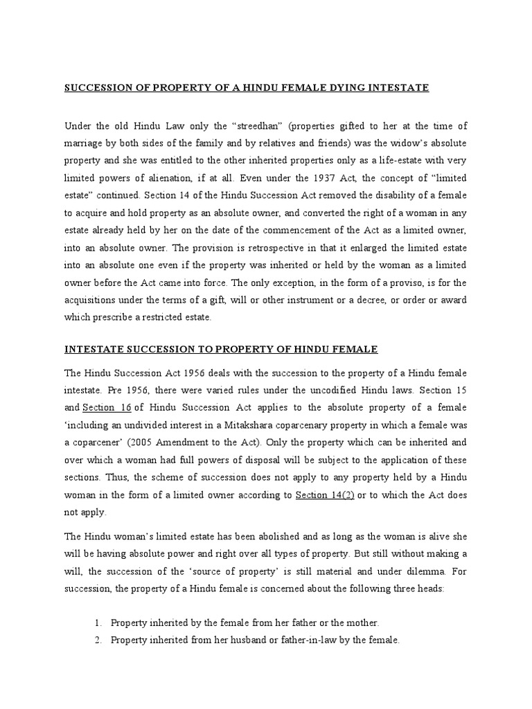 Succession of Property of A Hindu Female Dying Intestate | PDF ...