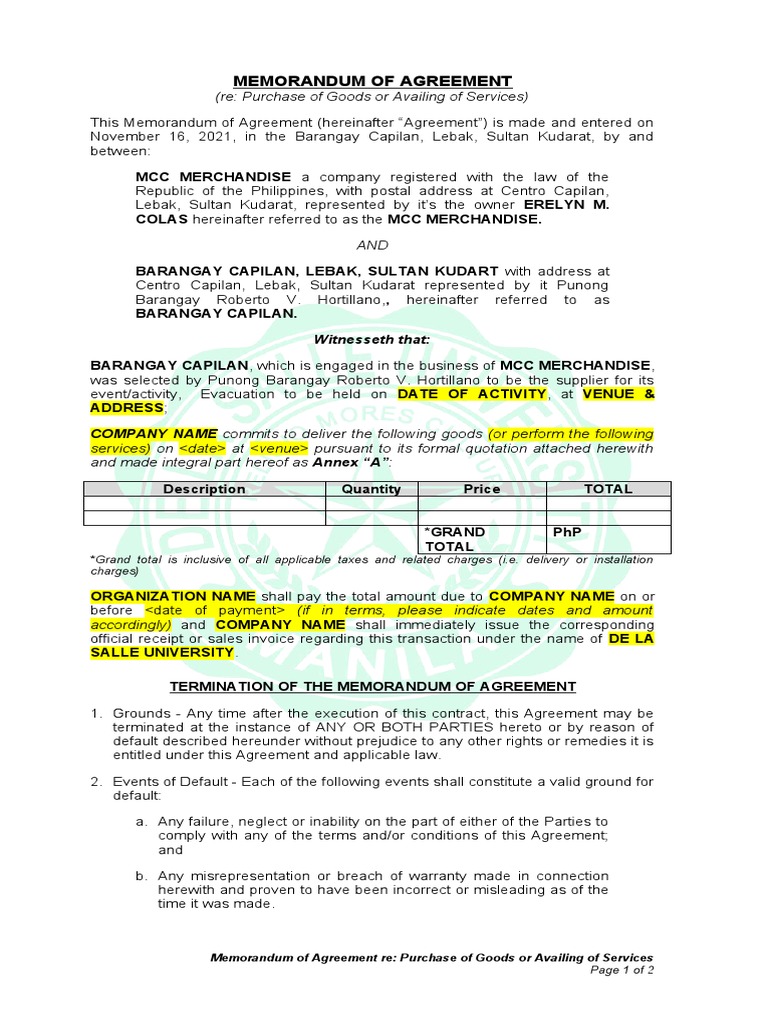 Memorandum of Agreement Purchasing 1 | PDF | Civil Law (Legal System ...