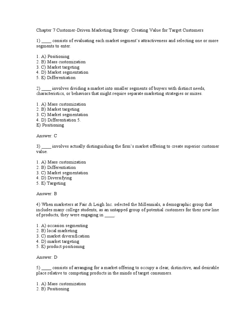 Chapter 7 Test Bank Answers | PDF | Market Segmentation | Marketing