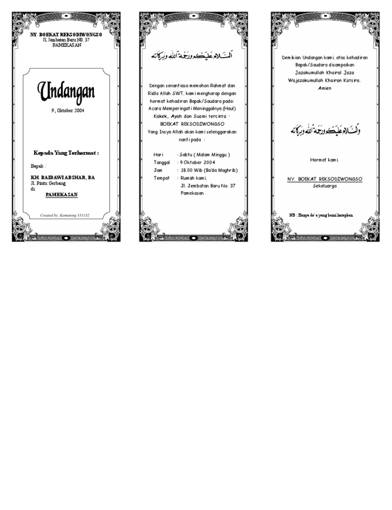 Contoh Format Undangan Tahlil Haul Lipat 3 | PDF
