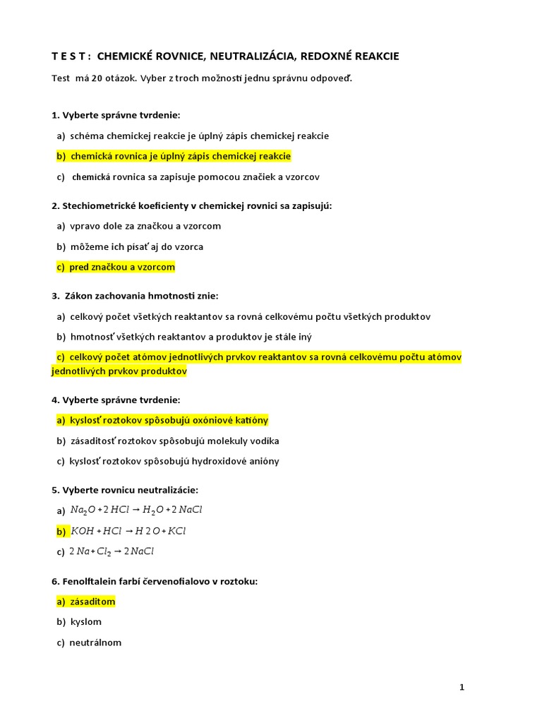 TEST - Chemické Reakcie A Rovnice, Neutralizácia, Redoxné Reakcie ...