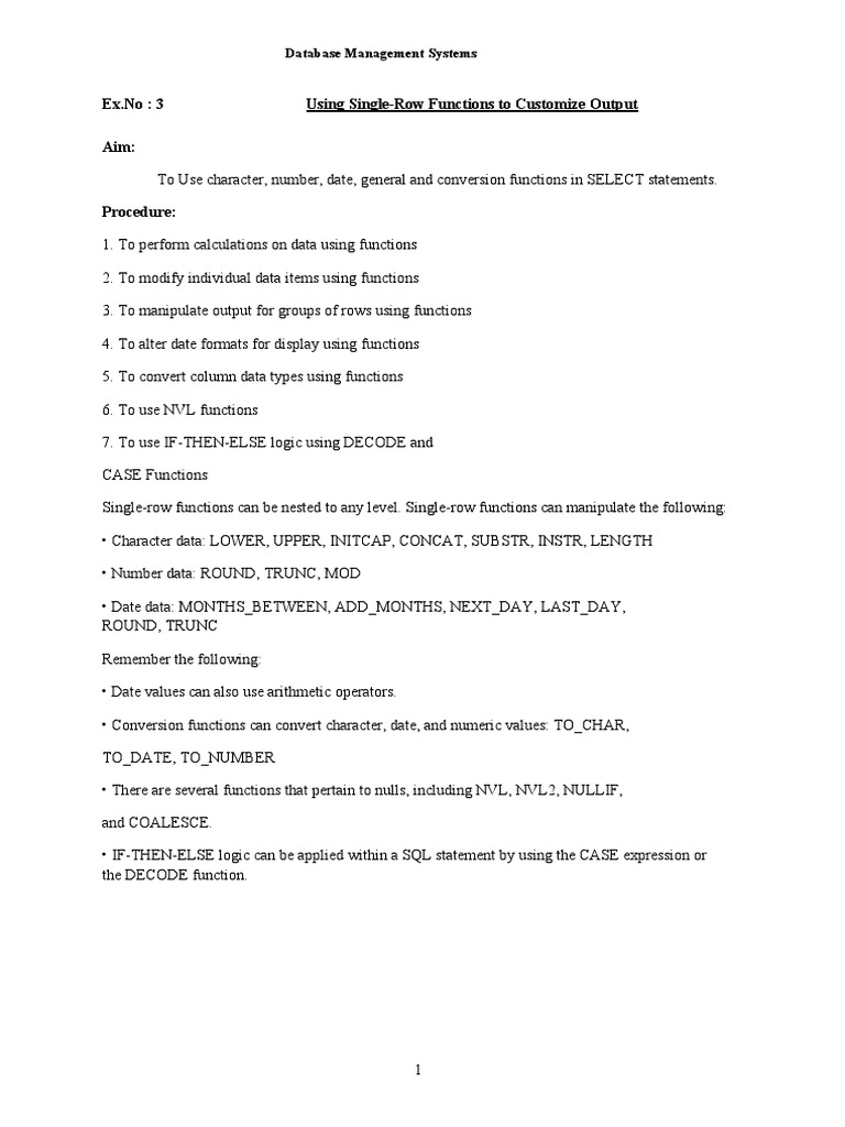 Ex - No: 3 Using Single-Row Functions To Customize Output Aim | PDF | Data | Computer Programming