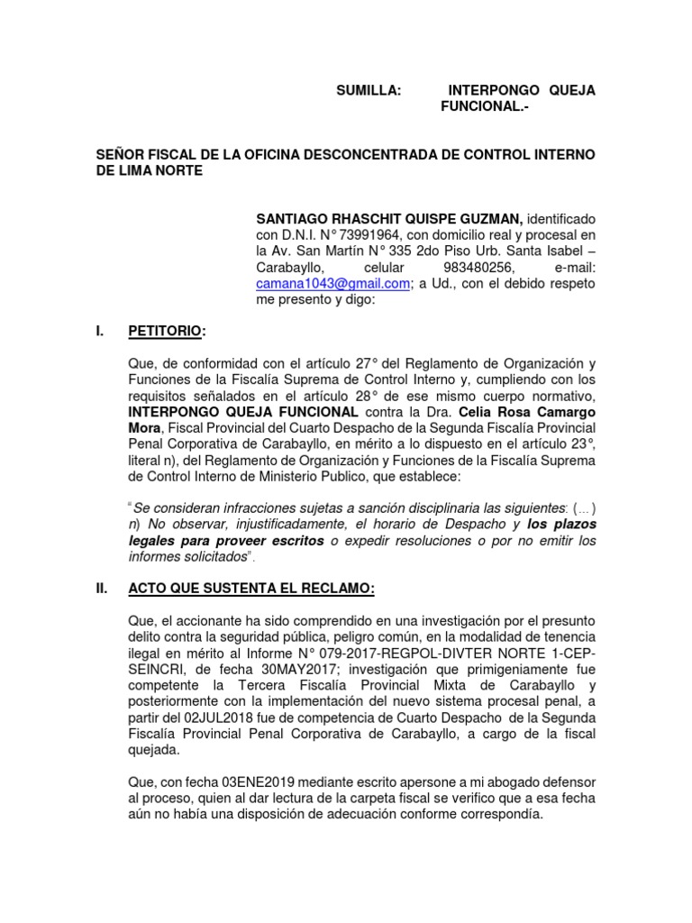 Queja Control Interno Ministerio Público | PDF | Debido al proceso | Ley administrativa