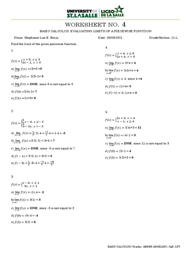 Evaluating Limits of Piecewise Functions: Worksheet Solutions | PDF ...