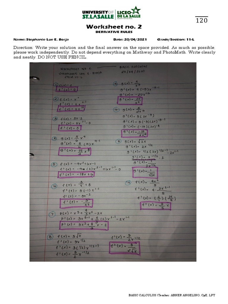 WORKSHEET 2 Derivative Rules BASIC CALC 2019 4th Quarter | PDF