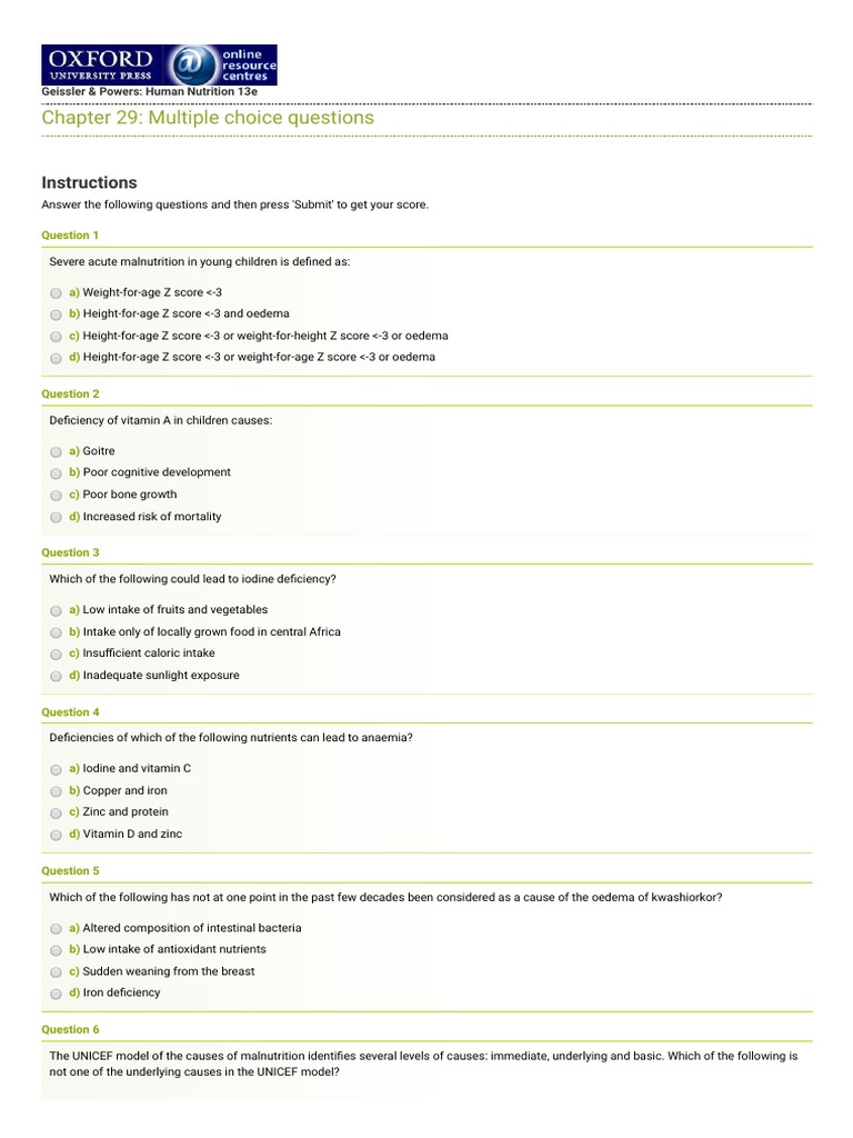 Chapter 29: Multiple Choice Questions: Instructions | PDF | Vitamin D ...